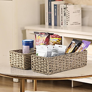 Vagusicc 2-Section Wicker Storage Basket, Hand-Woven Seagrass Baskets, Toilet Tank Basket, Small Wicker Baskets for Organizing, 2-Pack