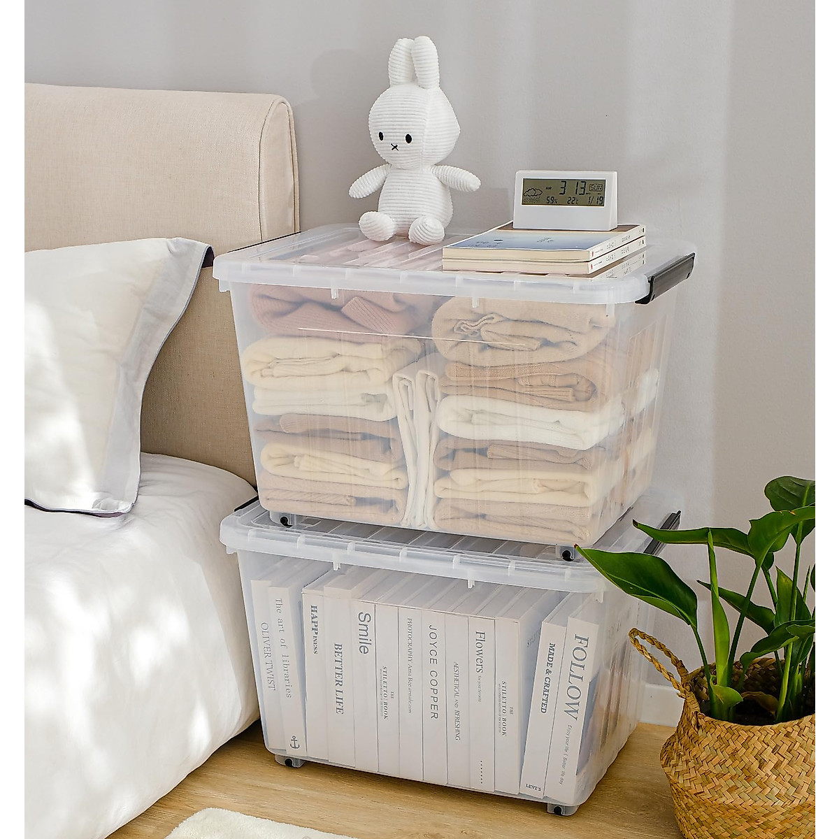 Cetomo 85Qt*6 Plastic Storage Bins, Storage Box, 6 Pack, Organizing Container with Wheels, Durable Lids and Secure Latching Buckles, Stackable and Nestable, Clear with Black Buckle