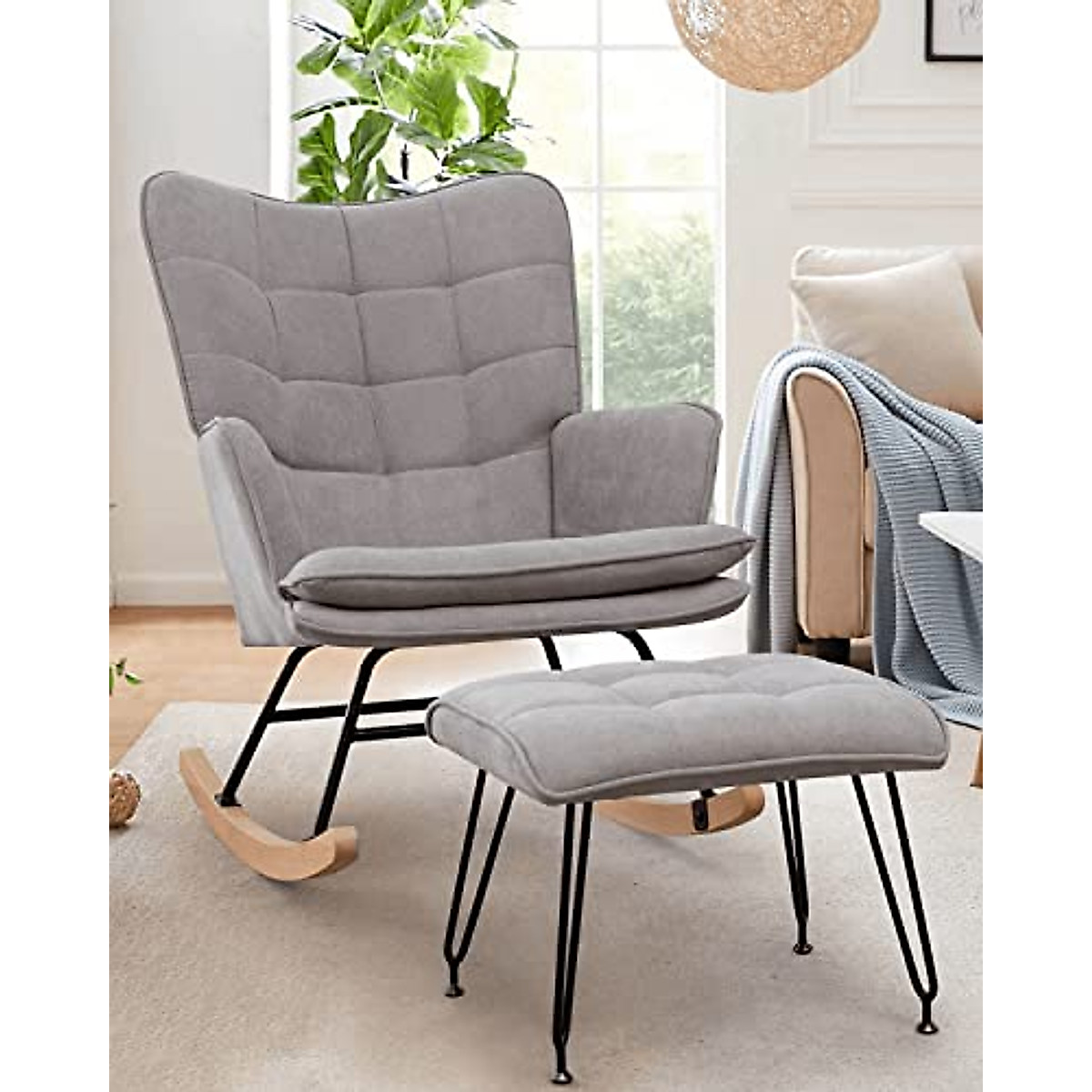 MELLCOM Rocking Chair with Ottoman, High Back Nursery Glider Rocker with Solid Wood Leg, Modern Upholstery Linen Fabric Armchair for Nursery, Living Room and Bedroom
