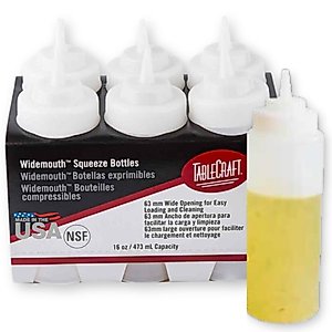 Tablecraft Plastic Condiment Squeeze Bottles, Foodservice Restaurant Commercial Grade Widemouth 63mm Empty Squirt Dispenser for Ketchup, Mustard, Syrup, Food Prep, 16 oz, 473 mL, Clear, 6 Bulk Pack