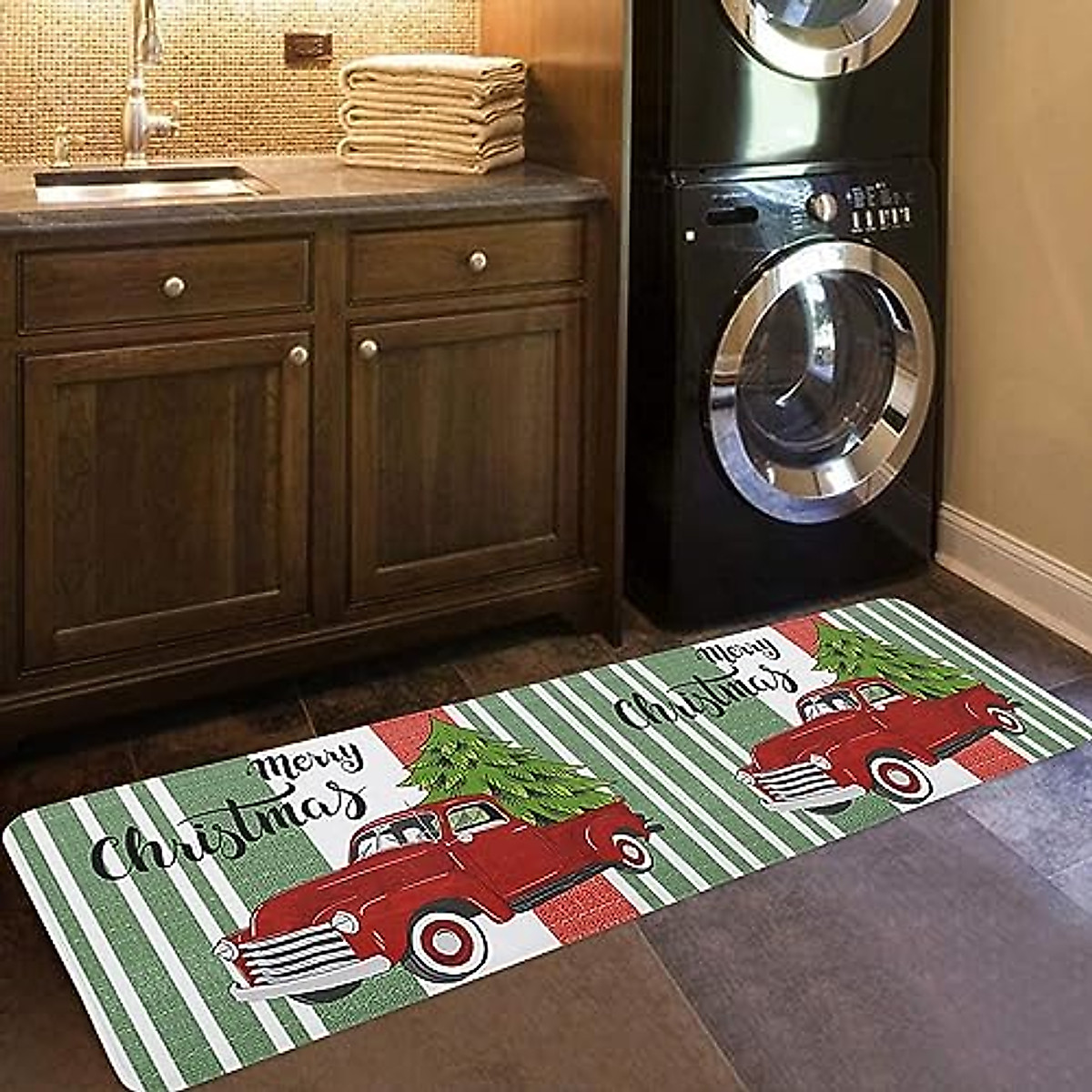 Merry Christmas Kitchen Mat Rug 1 PCS Red Truck with Xmas Tree Cotton Linen Texture Runner Rug Anti-Fatigue Comfort Memory Foam Standing Mat Non-Slip Floor Door Mat for Bathroom Bedroom 24x71in