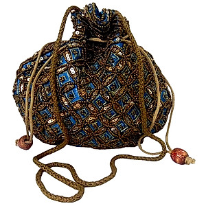 Purpledip Women's Potli Bag (Clutch, Drawstring Purse): Intricate Gold Thread & Sequin Embroidery Satchel, Firozi Turquoise (11806)