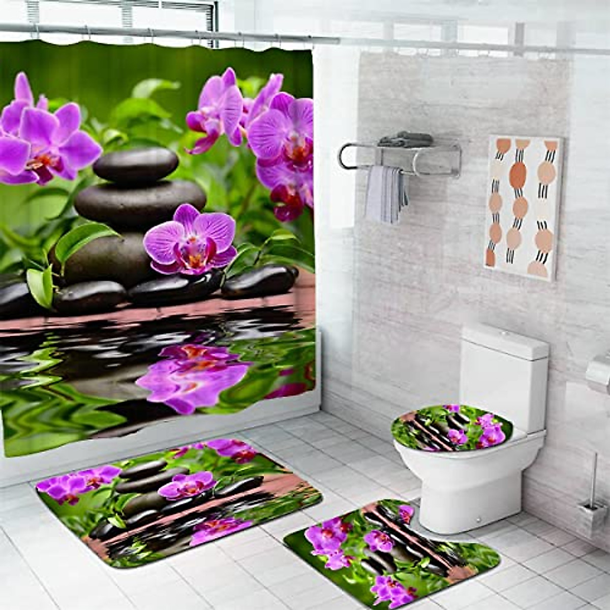 ROUAA Basalt Stones Reflecting on Water with Floral Shower Curtains Sets Cloth Fabric Bathroom Decor 4 Pieces with Hooks (10,47" W×70.8" L(120cm×180cm))