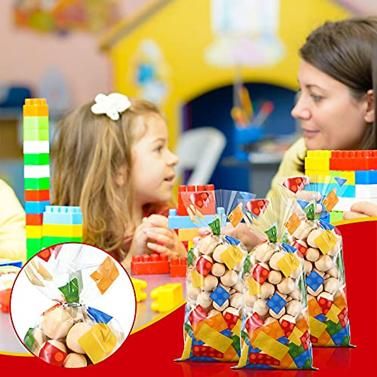100 Pcs Building Block Cellophane Treat Bags, Color Bricks Theme Building Block Candy Goodie Bags Plastic Party Favor Bags with 100 Silver Twist Ties for Birthday Party Supplies (Clear Background)