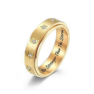 SSZYU Star Moon with Zircon Stainless Steel Inspirational Ring for Women Be Stronger Than The Storm Graduation Mantra Inspirational Rotating Rings Spinner Ring Star Moon Ring Gold Plated Size 6