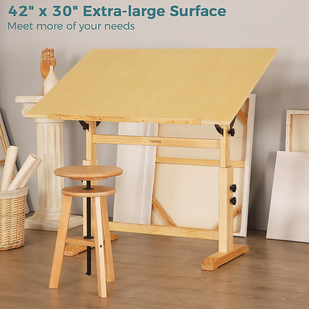 VISWIN 30" x 42" Extra-Large Artist Drafting Table, Adjustable Height & Angle, Solid Pine Wood Drawing Table, Art Table for Adults, Tilts Flat, Craft Table for Painting, Writing, Reading