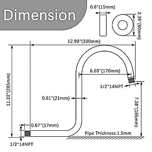 HANEBATH High Rise S Shape Shower Arm and Flange, Matte Black Shower Head Extension Arm