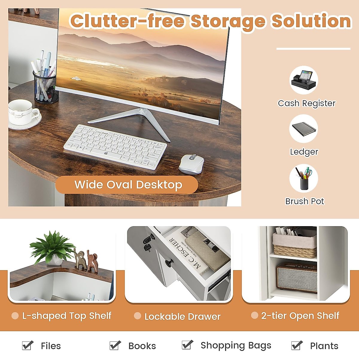 Tangkula Reception Desk, Front Counter Desk with Lockable Drawer & Adjustable Shelf, Oval Desktop, Retail Counter for Checkout, Computer Workstation for Salon Lobby Office, Home Office Desk