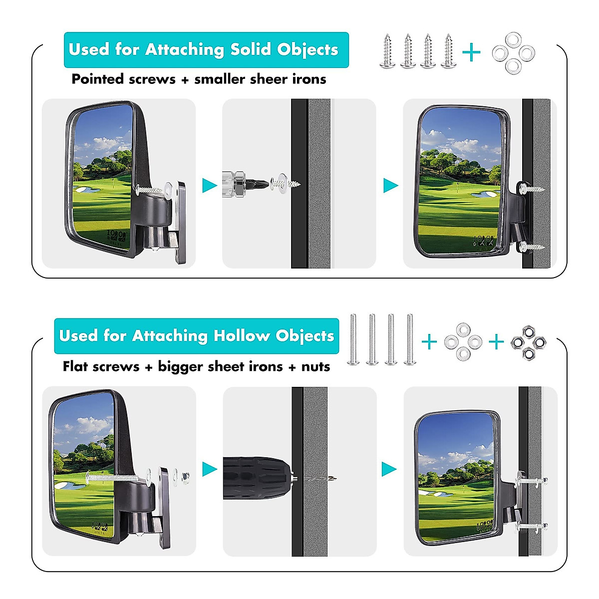 10L0L Golf cart side mirrors for Club Car EZ-GO Yamaha and Others, No-drilling Required, Adjustable (Option), front upper