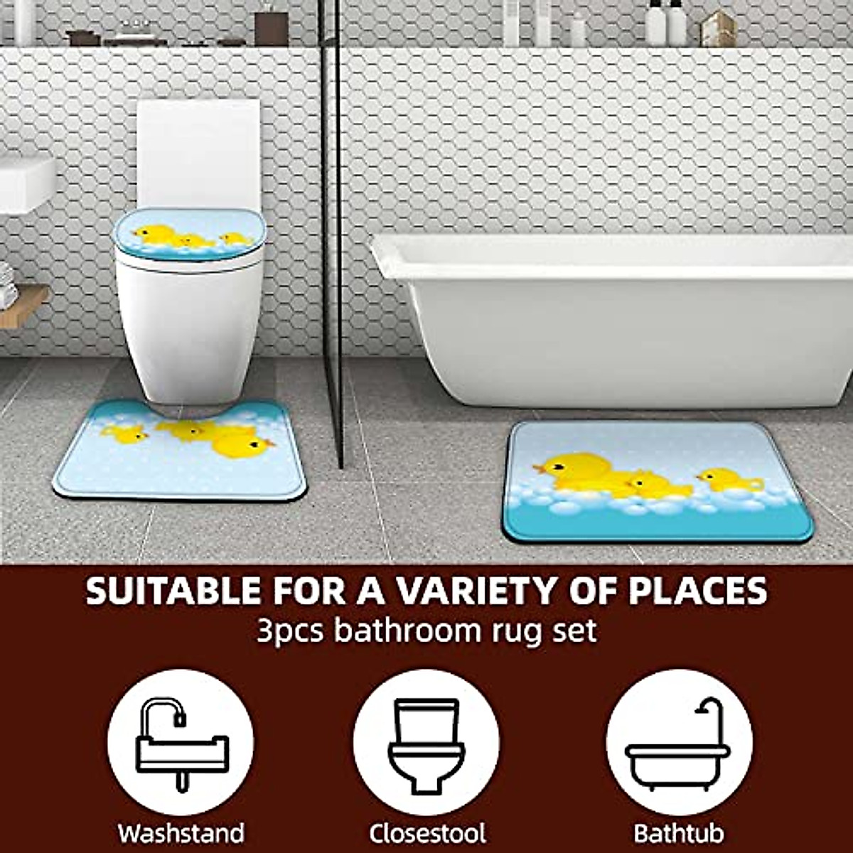 EARVO Cute Yellow Duck Taking Bath Shower Curtain 4Pcs Bath Sets with Non-Slip Rugs U-Shaped Mat Toilet Lid Cover for Kids Baby Bathroom Decor 71x72 inches Polyester Fabric 12 Hooks SETMYEA34