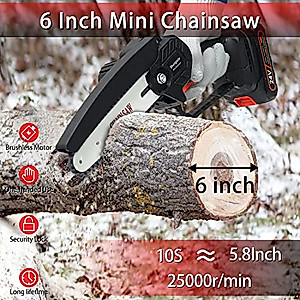 Mini Chainsaw 6-Inch with 2Pcs Battery, Brushless chainsaw with Safety Lock, Cordless hand saw with 2 chains, Handheld Small Chainsaw for Gardening Tree Branch Trimming (Black)