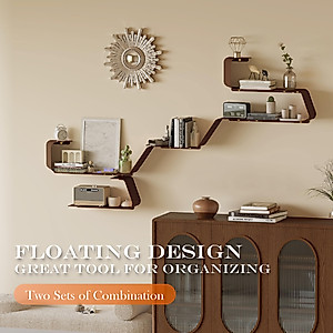 Sttoraboks Floating Shelves, Wall Shelf, Set of 3 Wall Mounted Metal Shelves with Unique Design for Wall Storage, Book Shelf, Display Shelves for Bathroom Bedroom Living Room for Home Brown