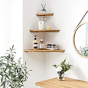 BEUGAWHOO Corner Shelf Wall Mount 12inch Oak Wood Floating Wall Shelf Round End Small Corner Nightstand Plant Stand Wall Mount for Kitchen, Living Room, Bedroom