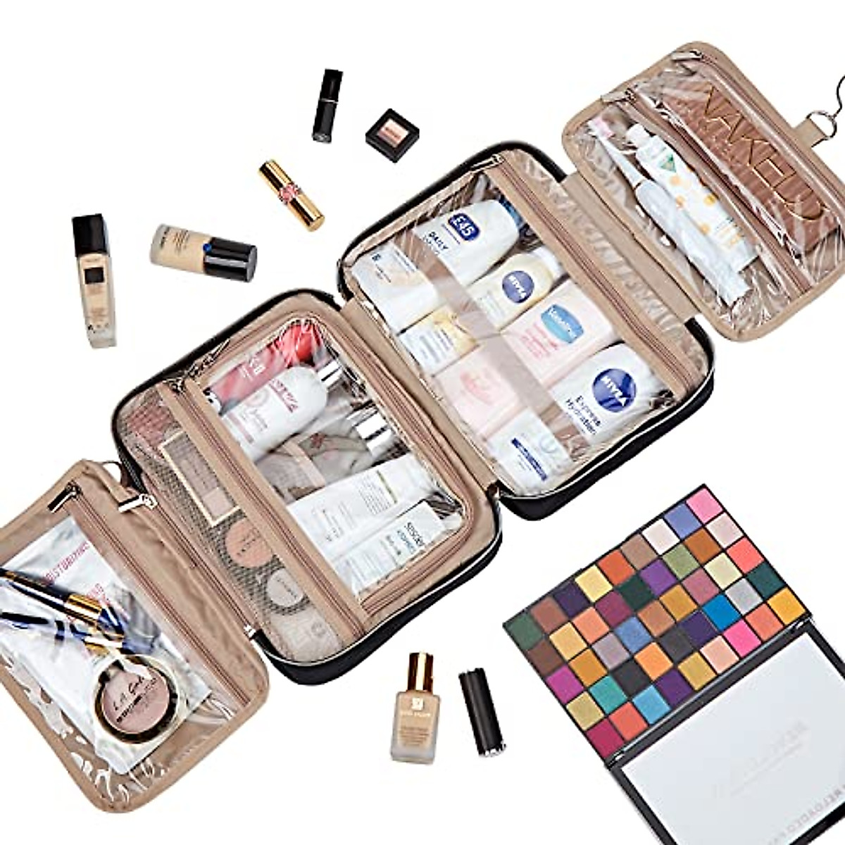 NISHEL Hanging Travel Toiletry Bag, Visible Makeup Organizer, Cosmetic Case for Journey Accessories, Bathroom Shower, Black