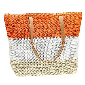 CIOOU Large Straw Tote Bag for Women Rattan Woven Beach Bag Summer Colored Stripe Shoulder Bags (orange beige nature bag totes)