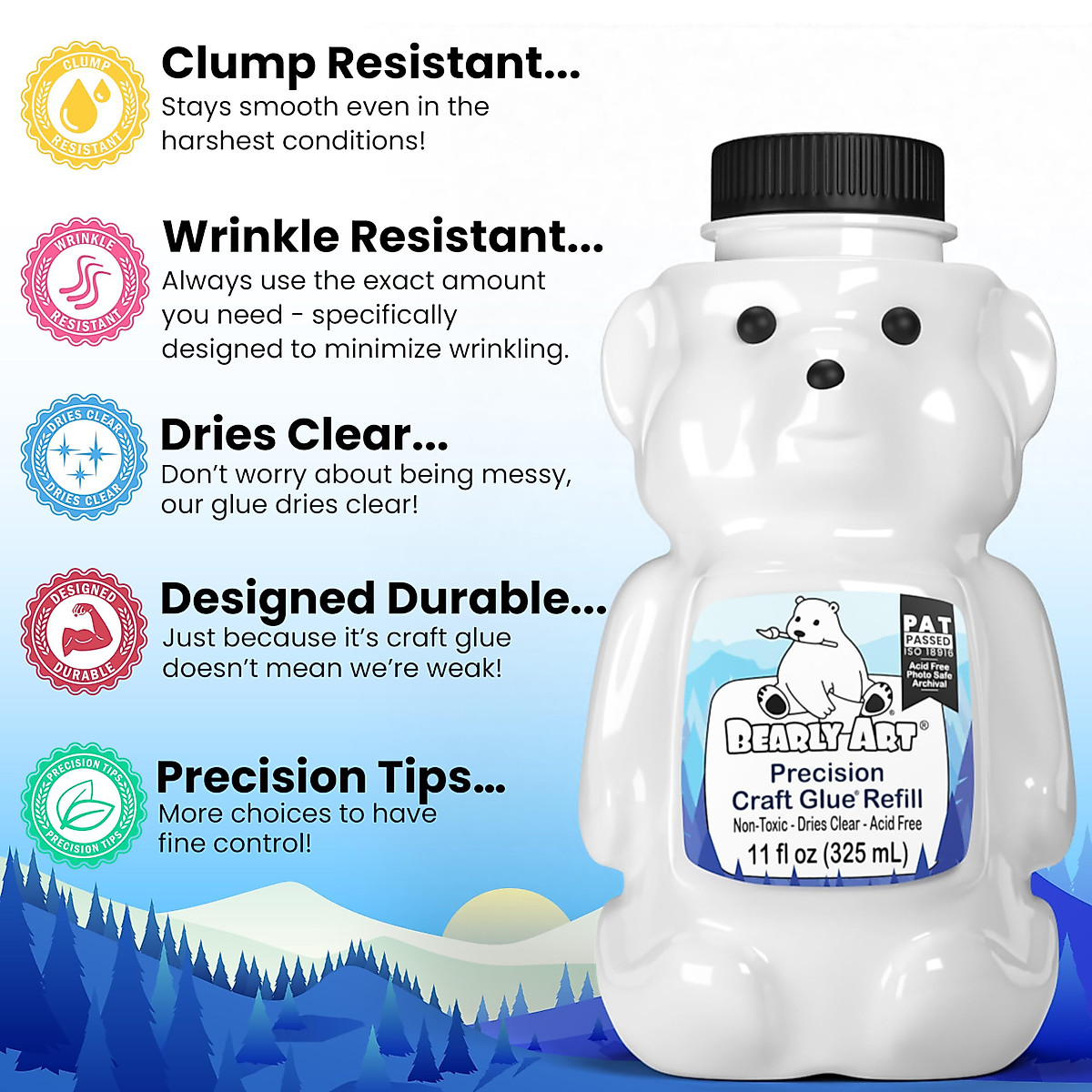Bearly Art Precision Craft Glue 11fl oz Refill - Archival Acid Free - Dries Clear - Wrinkle Resistant - Flexible and Crack Resistant - Strong Hold Designed Tough - Made in USA