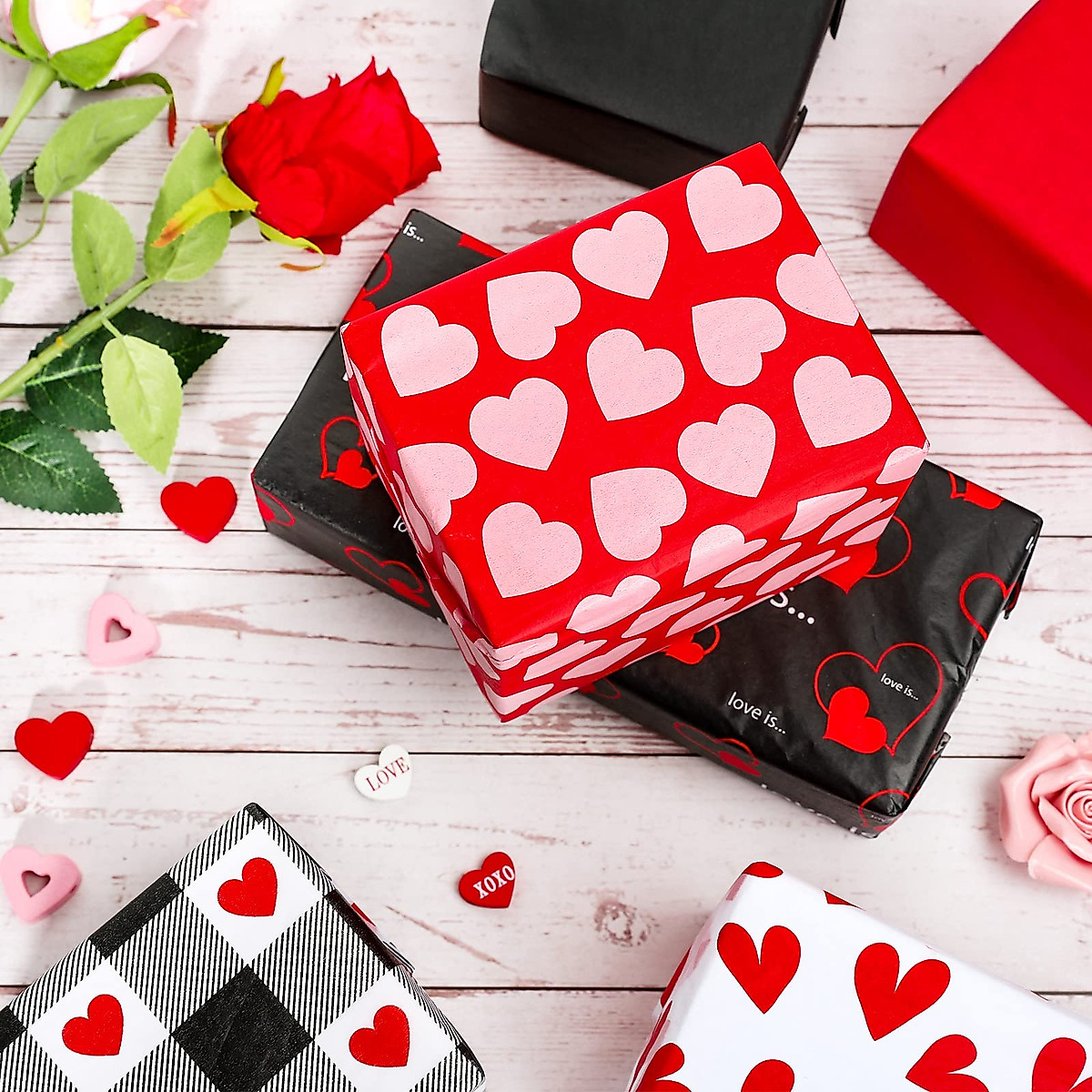 Whaline 90 Sheets Valentine's Day Tissue Paper Plaid Heart Love Prints Gift Wrapping Paper Red Black Decorative Art Paper for Wedding Anniversary Birthday DIY Crafts Gifts Decor Supplies, 6 Design