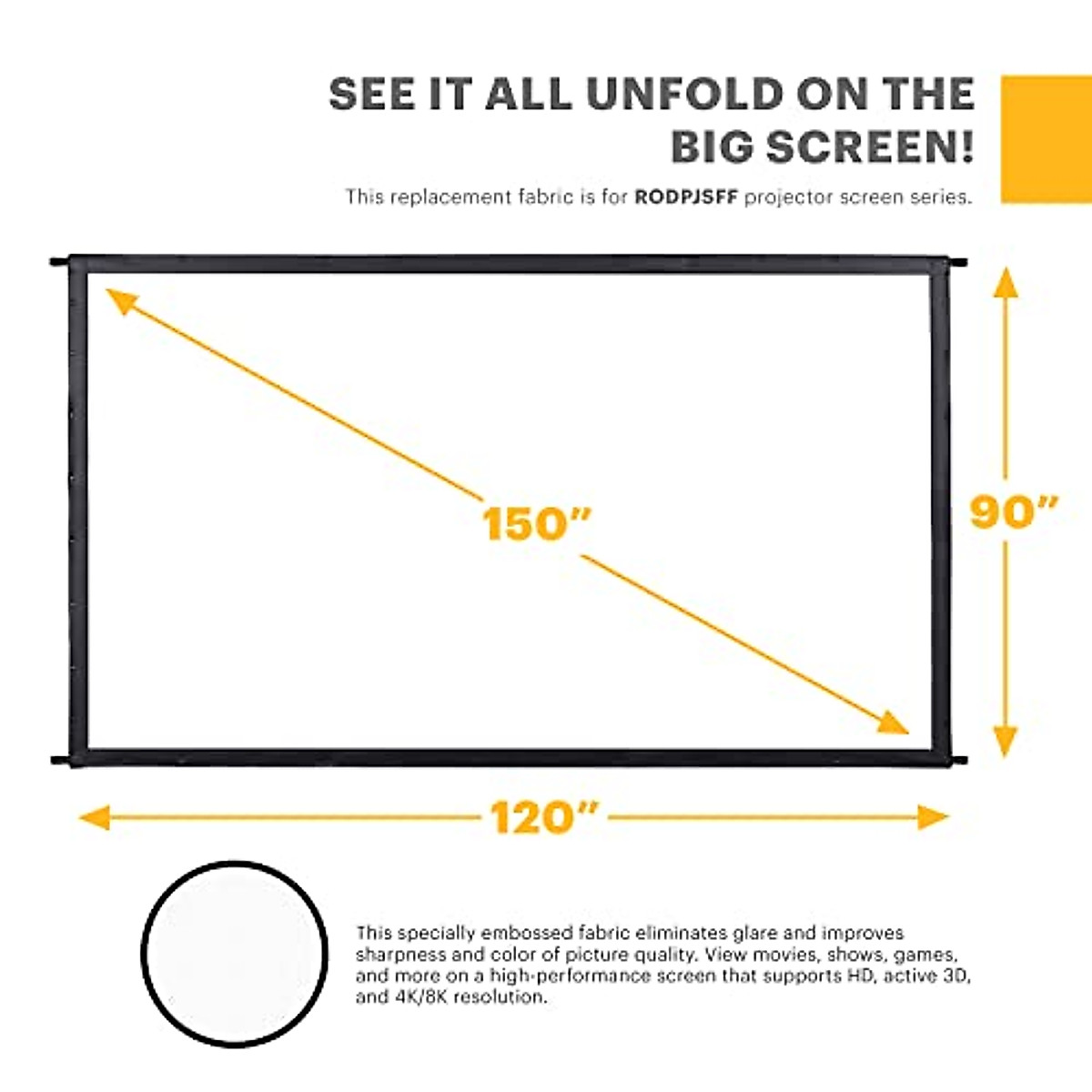 KODAK 150” Replacement Projector Screen | Fast Fold High Contrast White Projection Backdrop for Outdoor & Indoor Movies in Front Projection | Easy Clean Glare Proof, Wrinkle Free Fabric