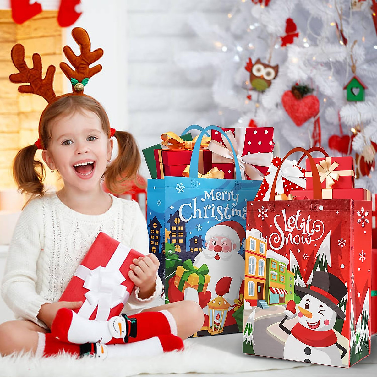 SULOLI 12 Pack Large Christmas Tote Bags with Handles, Reusable Gift Bag Non-Woven Grocery Shopping Totes for Holiday Xmas Party Supplies