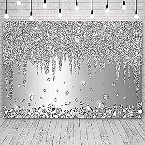 ABLIN 7x5ft Silver Backdrop Dripping Glitter Crystal Diamond Silver Happy Birthday Party Bridal Shower Wedding Decorations Photography Background Photo Shoot Props