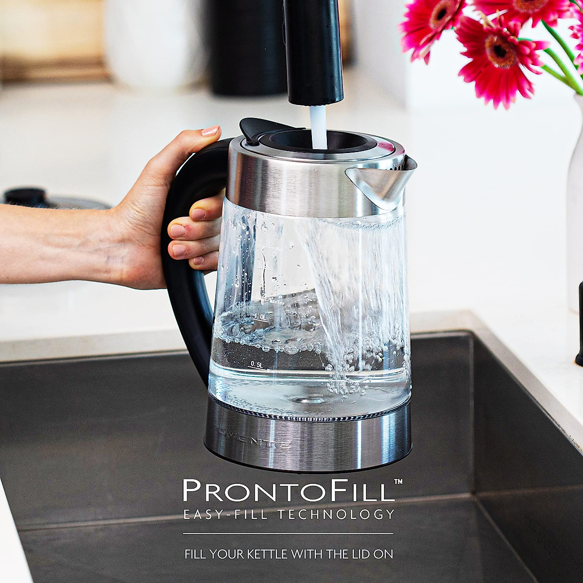 Ovente Glass Electric Kettle Hot Water Boiler 1.7 Liter ProntoFill Tech Portable Kettle w/ Set Temperature Control, 1500W Keep Warm BPA Free w/ Stainless Steel Base - KG733S + Glass Tea Pot Infuser