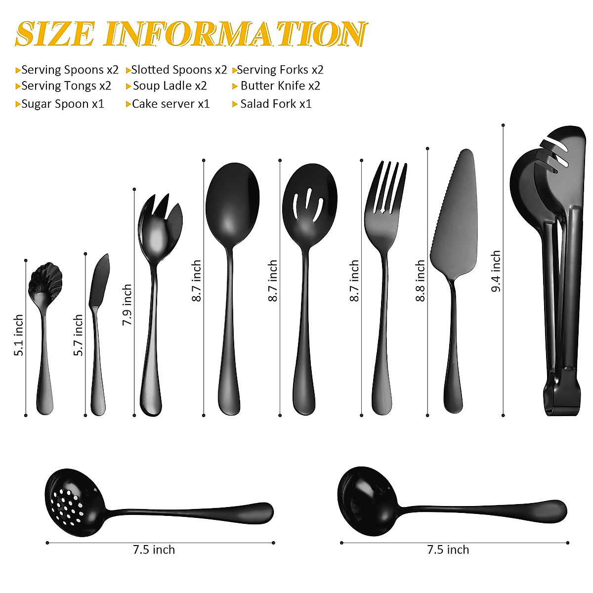 Serving Utensils Include Large Serving Spoons Slotted Serving Spoons Serving Forks Serving Tongs Soup Ladle and Pie Server Buffet Catering Serving Utensils for Dishwasher Safe (Black,15 Pieces)