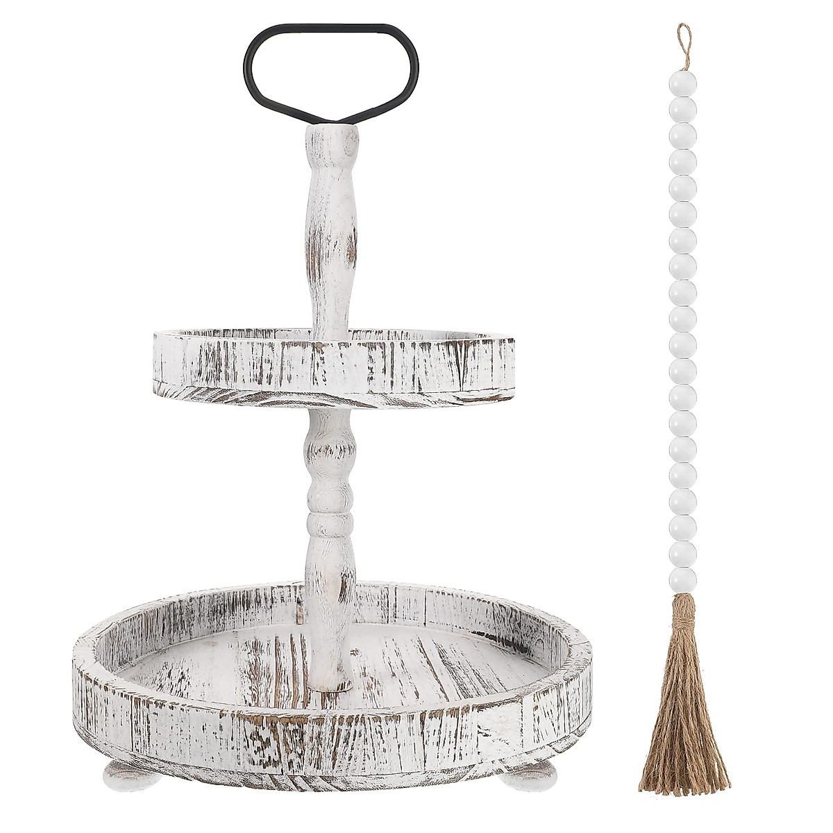 Tiered Tray Cupcake Stand 2 Tiered Tray Stand and Wood Beads Decorative Trays with Handle, Round Rustic Stand for Kitchen, Homeware Display Platters for Party (White)
