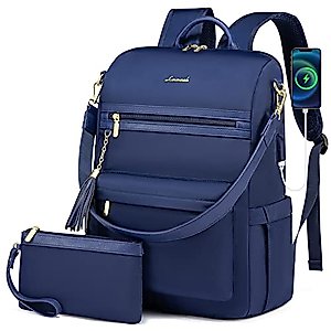 LOVEVOOK Laptop Backpack Women,17.3 Inch Convertible Backpack Purse for Women with USB Port,Fashion Teacher Nurse Bag Work Backpack with Cute Wristlet Bag for Travel Commute,2 PCS,Navy Blue
