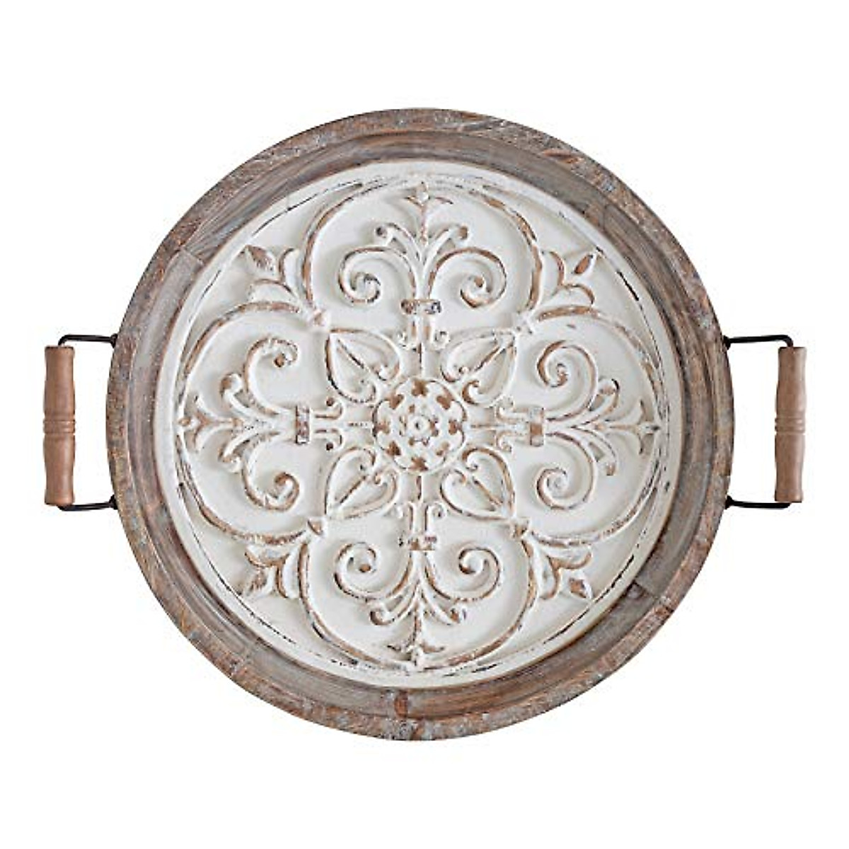 Kate and Laurel Hillrose Round Wooden Tray, 18 inch Diameter, Rustic Brown and White, Decorative Tray for Serving, Display, and Storage