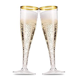 Munfix 50 Pack Gold Rimmed Plastic Champagne Flutes 5 Oz Clear Plastic Toasting Glasses Fancy Disposable Wedding Party Cocktail Cups with Gold Rim