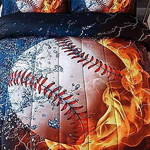 A Nice Night Baseball with Fire Print Comforter Quilt Set and Sherpa Fleece Blanket Twin Size Plush Throw Blanket Fuzzy Soft Blanket Microfiber