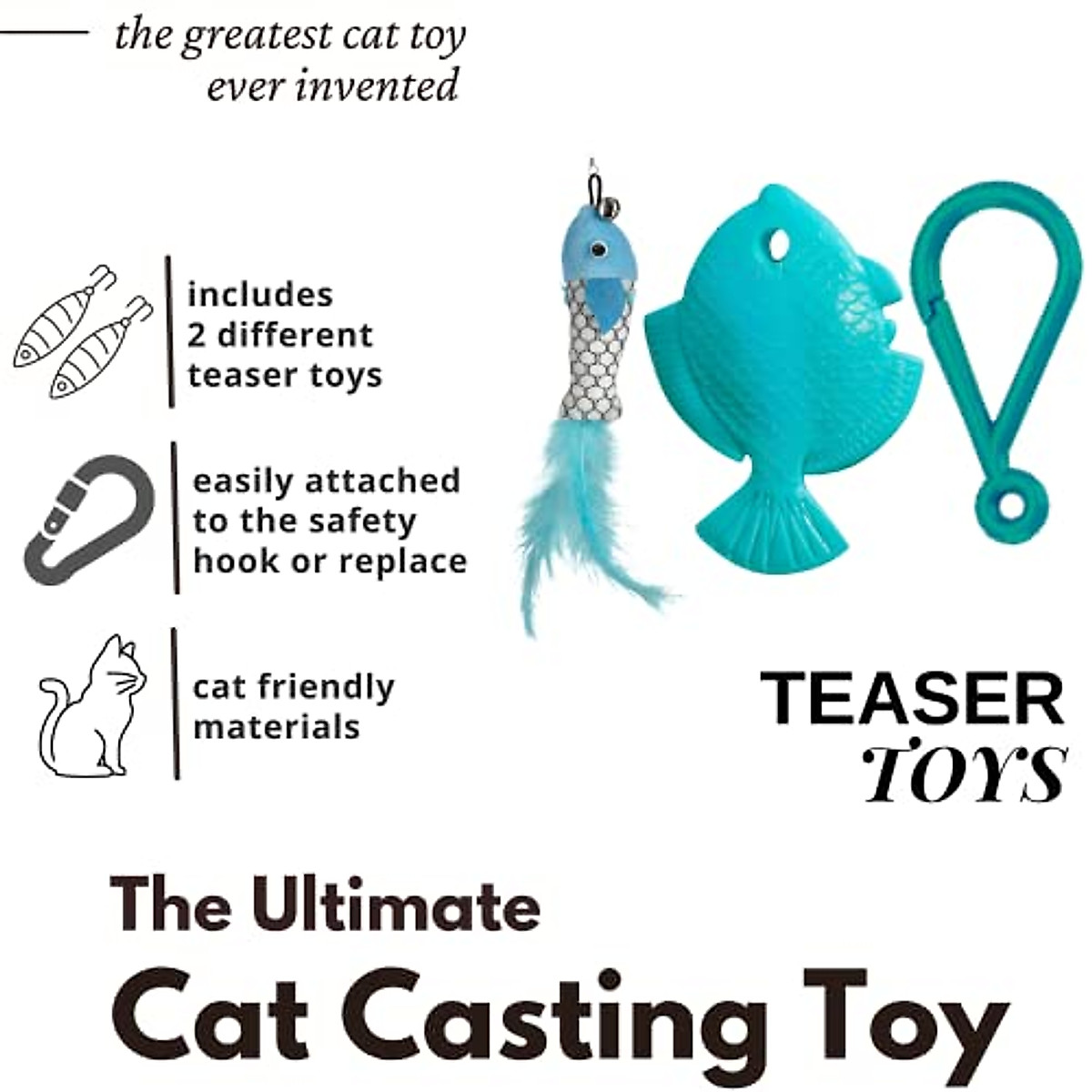 Cat Caster Fishing Pole Toy | Tangle Free, Retractable & Easy to Store. Includes Two Interchangeable Teaser Toys | The Ultimate Gift for Kitty Lovers, Fish Bone