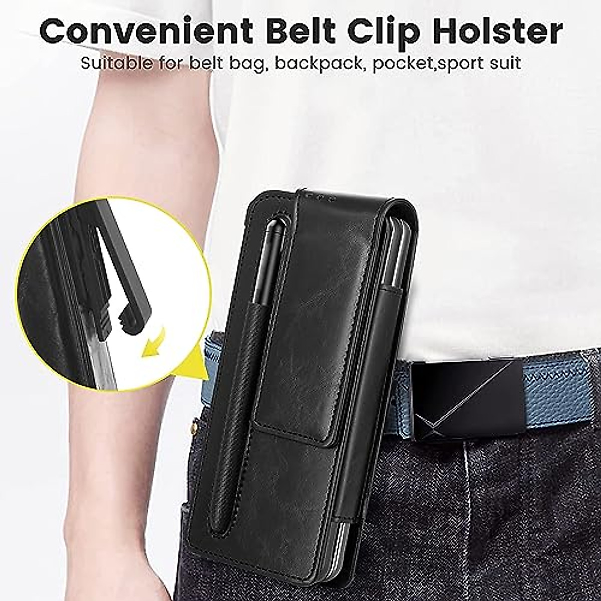 HAZARA Leather Case for Samsung Galaxy Z Fold 5, Tempered Screen Film Cover Folio Shockproof Hanging Phone Case,Blue