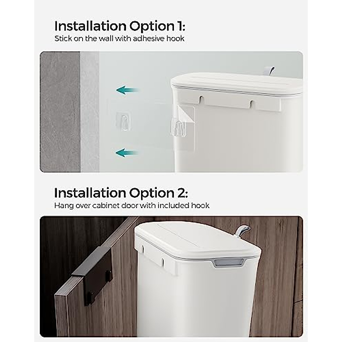 SONGMICS Hanging Trash Can, 2.4-Gallon Kitchen Trash Can with Lid for Food Waste, Wall Mounted Trash Can, Hanging or Sticking on Cupboard Door, for Kitchen Cabinet, Under Sink, White ULTB820W9