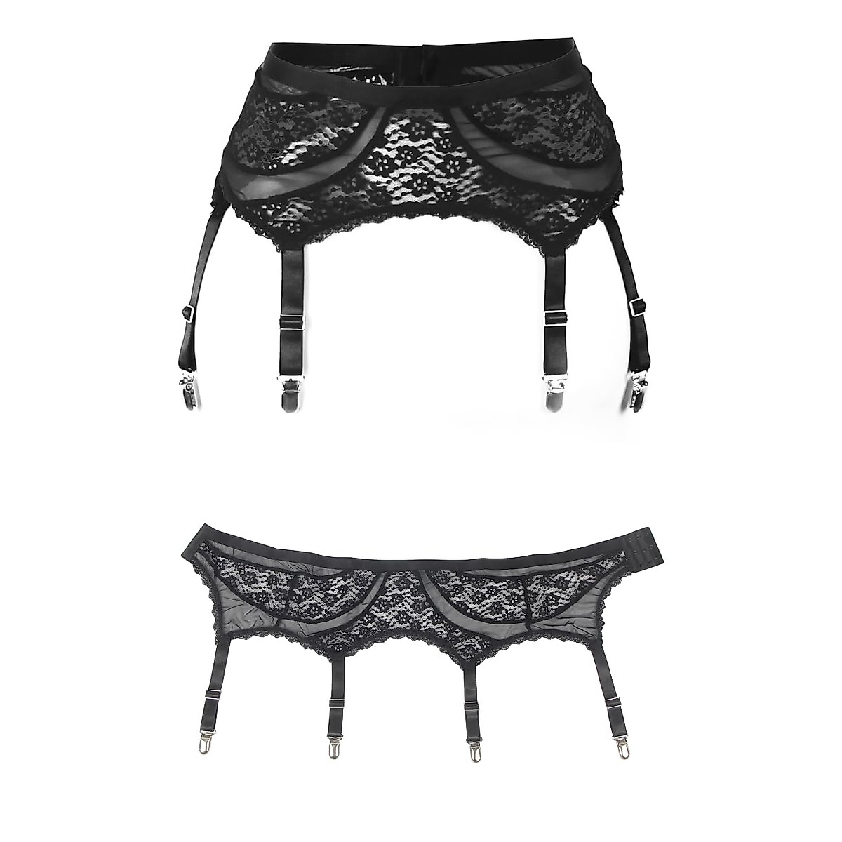 comeondear Lace Garter Belt for Women, High-Waisted Plus Size Garter Belts Set with Black Fishnets Thigh High Stockings and 4 Metal Clip Elastic Suspenders Black M-L