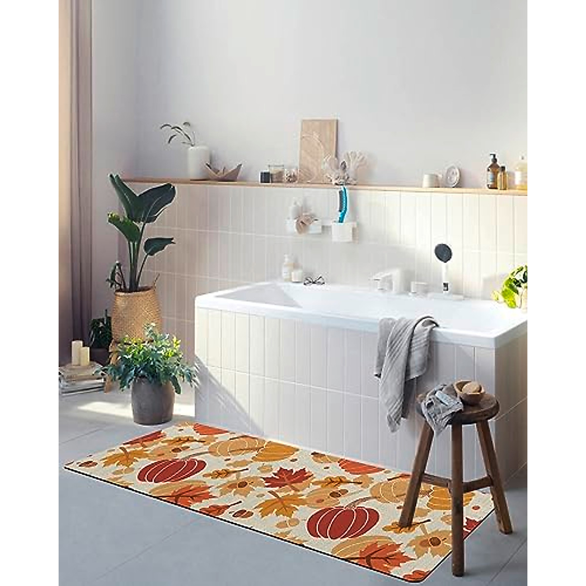 Farm Rustic Pumpkins Bath Mat for Tub,Non Slip Bathroom Floor Runner Rug Quick Dry & Absorbent Diatomaceous Earth Shower Sink Bedroom Kitchen Washable Doormat,Thanksgiving Autumn Maple Leaves 16"x47"