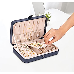 LANDICI Small Jewelry Box for Women Girls, PU Leather Travel Jewelry Organizer Case, Portable Jewellery Storage Holder Display for Ring Earrings Necklace Bracelet Bangle Watch Men Kids Gift, Dark Blue