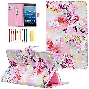 UUcovers for Amazon Kindle Fire HD 8 Tablet 2018/2017/2016/2015 Case 8th/7th/6th/5th Generation, Folio Stand Synthetic Leather Magnetic Wallet TPU Back Shockproof Cover with Card Slots, Pink Flower