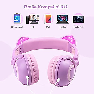 LOBKIN Headphones Kids, Headphones Cat Ears with LED, 85dB Volume Limiter, Foldable, Kids Headphones with Wire for Girls Boys (Purple+Pink)