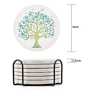 Ceramic Coaster TAOIFY Non-Slip and Absorbent Ceramic Cork Coaster with Tree of Life (one Iron Frame and six Coasters)