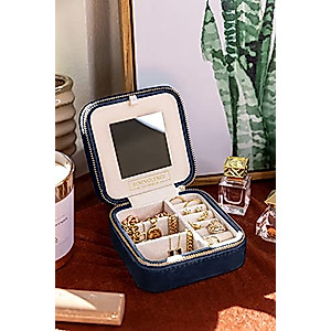 Plush Velvet Travel Jewelry Box Organizer | Travel Jewelry Case, Jewelry Travel Organizer | Small Jewelry Box for Women, Jewelry Travel Case | Earring Organizer with Mirror - Navy Blue