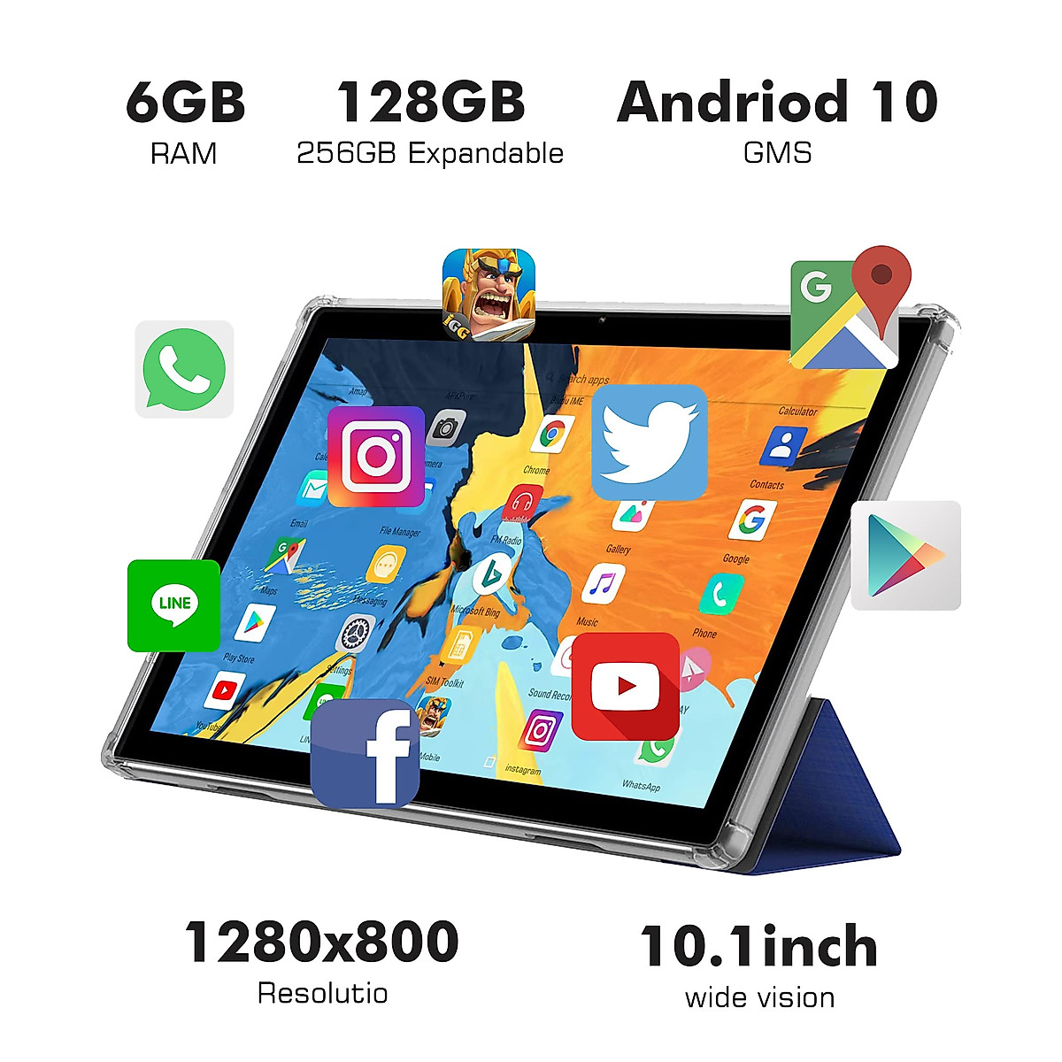 BNHGK 10.1 inch Tablet 6GB RAM +128GB ROM, Android Tablet with Keyboard Octa-Core/Dual Sim Card Slot/13MP Camera/Battery 8000mah/ GPS, Google Certified Tablet PC (Wi-Fi)