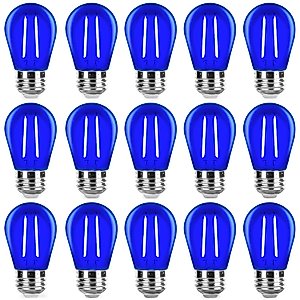 ZHZHLED S14 Blue Light Bulb Plastic 2 Watt LED Replacement Bulbs for Indoor Outdoor String Lights, Shatterproof Decorative E26 Base Filament Edison Christmas Halloween Colored Light Bulbs,15 Pack