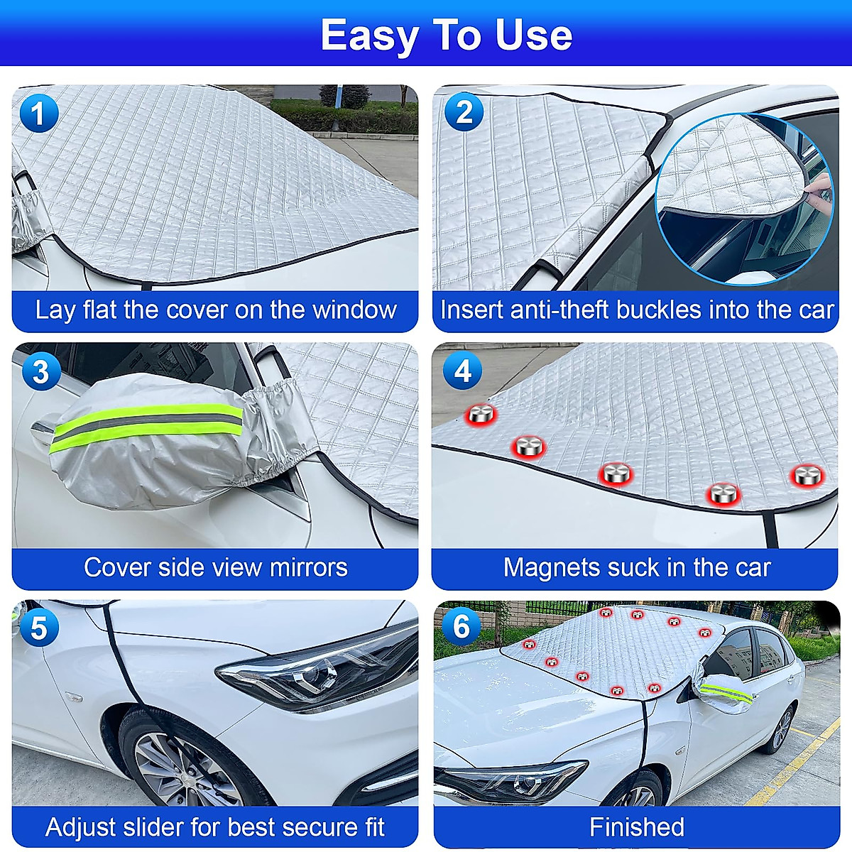 Car Windshield Snow Cover for Ice and Snow,Winter Car Snow Cover with Magnetic Edges and Windproof Webbing Straps,Windscreen Frost Protector Covers,for Most Car SUV RV Vans and Trucks (65'' X 49.6'')