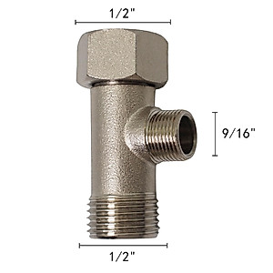 Bidet T Adapter - T Valve Adapter for Bidet (Thread Size 1/2″ x 1/2″ x 9/16″), Brass Coated Nickel, 3 Way Adapter or Tee Connector