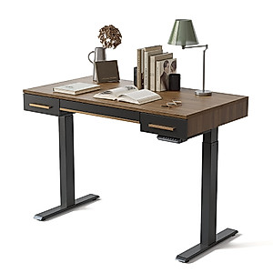 FEZIBO Mid-Century Modern Electric Standing Desk with 3 Drawers, 48 x 26 Inches Whole-Piece Sit Stand Up Home Office Desks, Vintage Top/Black Frame (2 Packages)