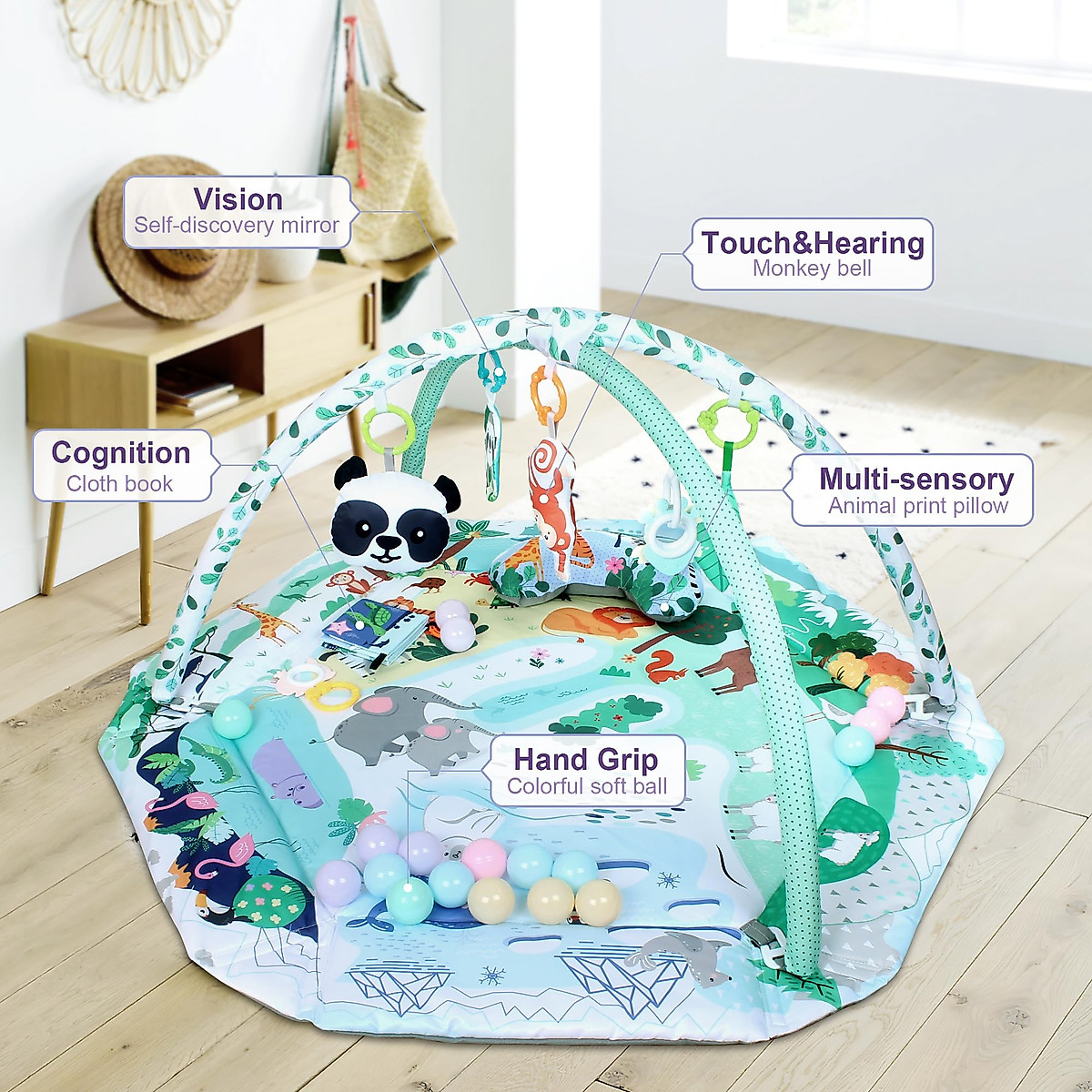 Aonerex Baby Play Gym Mat 5-in-1 Activity Mat Tummy Time Playmat, 8 Detachable Toys Sensory and Motor Skill Development Washable Play Mats for Floor, Newborn Baby Essentials