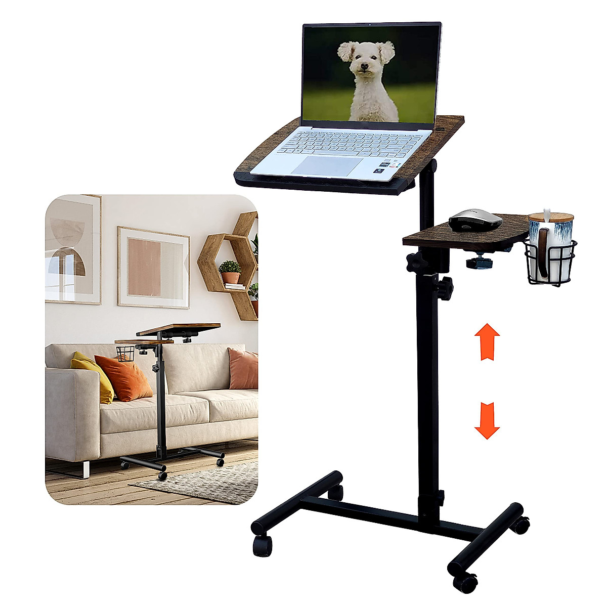 LvnRaay Laptop Table Height Adjustable Desk with Wheels Cup Holder, Laptop Sit to Stand Up Desk Portable Rolling Desk, 40'' Mobile Laptop Stand with Tilting Tabletop Laptop Stand for Couch (Brown)