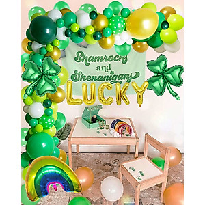 St.Patricks Day Party Decorations Garland, Ireland Party Decorations Lucky Rainbow Shamrocks Mylar Balloons 18" 10" 5" Latex Balloons Green Gold White for Birthday Baby Shower Bachelorette Supplies