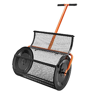 VEVOR Compost Spreader, 24.4-25.6" Height Adjustable Handle, 24" Wide, Lawn and Garden Peat Moss Roller with Side Latches, Powder Coated Steel Mesh Basket for Spreading Manure, Topsoil, Black